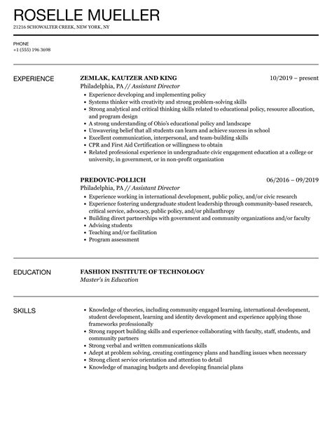 Assistant Director Resume Samples Velvet Jobs
