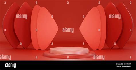 Podium With Abstract Red Decorative Objects Stand To Show Products With Copy Space Red