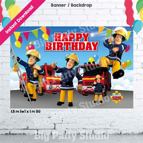 2 Fireman Sam Banner Fireman Sam Happy Birthday Backdrop Fireman