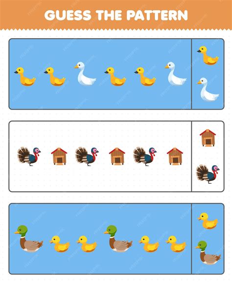 어린이를 위한 교육 게임은 귀여운 만화 거위 칠면조 오리 새끼 인쇄 가능한 농장 워크시트에서 각 행의 패턴을 추측합니다