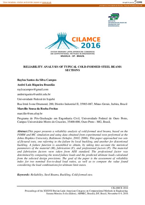 Pdf Reliability Analysis Of Typical Cold Formed Steel Beams Sections