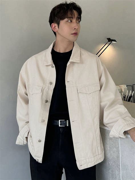 Mens Solid Color Denim Jacket Autumn White Denim Jacket Outfit Men
