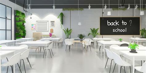 Modern Classroom Interior Plants Desks White Brick Wall Back To School Empty Room