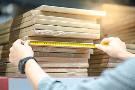 남성 노동자 손 골 판지 상자에 제품의 치수를 측정 하기 위한 측정 테이프를 사용 하 여 창 고 개념의 쇼핑 라이프 스타일 가구에 대한 스톡 사진 및 기타 이미지 Istock