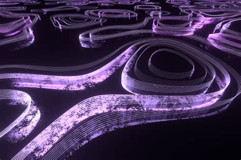 3d 렌더링 곡선 추상 그림입니다 네온 조명 곡선 라인 배경입니다 다채로운 빛나는 블루 녹색 보라색 부드러운 라인 물결 모양