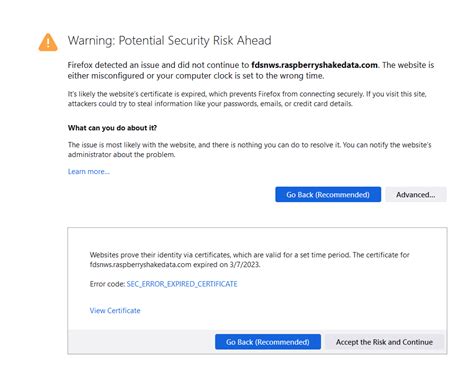 Certificate For Fdsnws Raspberryshakedata Is Expired Causing Inventory Fetch To Fail On