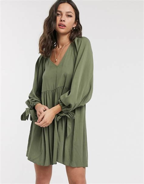 Asos Design Smock Mini Dress With Pleat Shoulder Detail In Khaki Green
