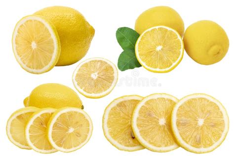 Lemon Fruit With Leaf Isolate Lemon Whole Half Slice Leaves On