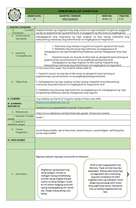 Esp 10 Week 1 2 Esp 10 Semi Detailed Esp Lesson Plan Grade Level 10 Quarter Domain First