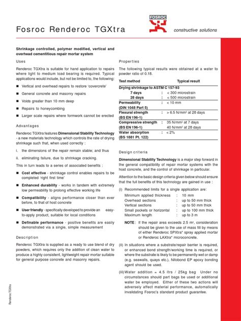 Fosroc Renderoc Tgxtra Constructive Solutions Pdf Mortar Masonry