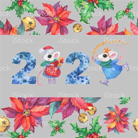 겨울 옷에 흰색 귀여운 작은 마우스와 비문 2020 크리스마스 트리 호랑 가시 나무 Poinsettia와 새해 인사말 카드입니다