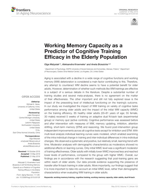 Pdf Working Memory Capacity As A Predictor Of Cognitive Training
