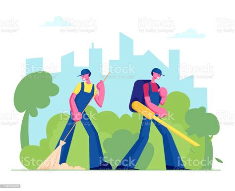 관리인 남성과 문자 거리 청소기 잔디를 청소하고 도시 공원 풍경 배경에서 타락 한 다채로운 잎을 불어 가을 청소 활동 만화 플랫