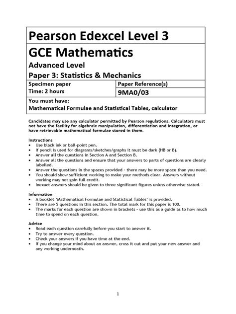 Specimen Edexcel A2 Stats Mech Qp Pdf Statistics Mathematics