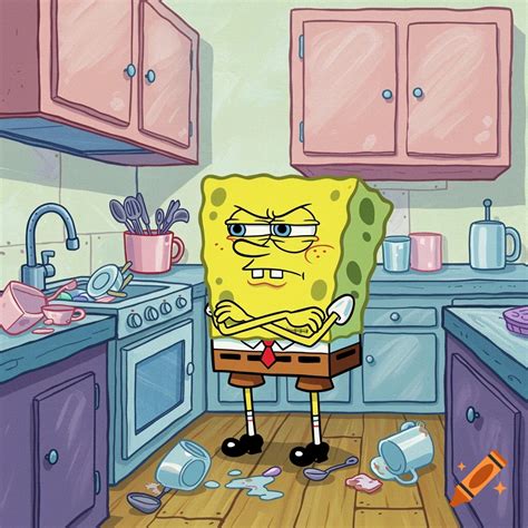 Spongebob Squarepants Stands In A Messy Kitchen With A Frustrated