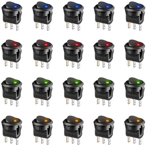 20pcs 3pin 20a 12v Round Rocker Toggle Switch With Led Light Blue
