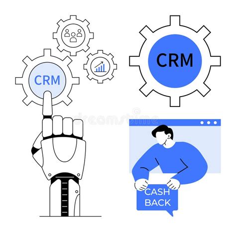 Robotic Hand Pointing At Crm Icon With Cash Back Concept And Graphs Stock Vector Illustration