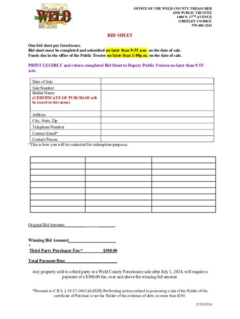 Fillable Online Weld County Foreclosure Bid Sheet Fax Email Print