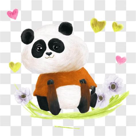 Download Adorable Panda Bear Sitting In The Grass With Flowers And