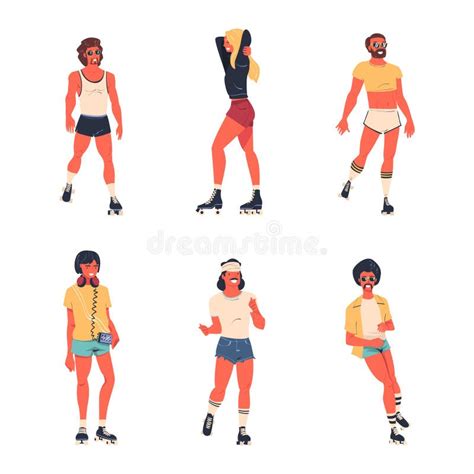 Retro Dressed People Roller Skater Roller Skating And Smiling Vector