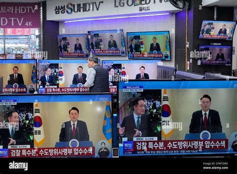 Tv Screens Show The Broadcast Of South Korean President Yoon Suk Yeols