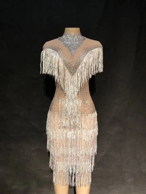 Sparkly Rhinestones Silvery Tassels Dress Sexy Women Party Bar Dresses