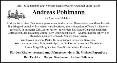 Traueranzeigen Von Andreas Pohlmann Noz Trauerportal