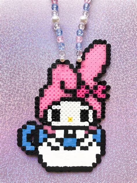 My Melody Teacup Perler Kandi Necklace Etsy In 2021 Perler Bead