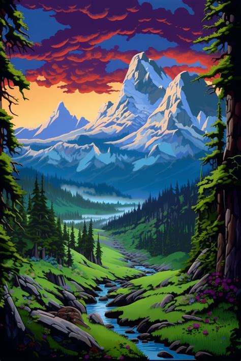 格雷格希尔德布兰特的画作， 傍晚的天空，低雷云， 印度夏天有树木的脚步，背景是楚格峰菲茨罗伊，颜色为绿色、红色、蓝色、 黑色和白色，阿夸雷拉
