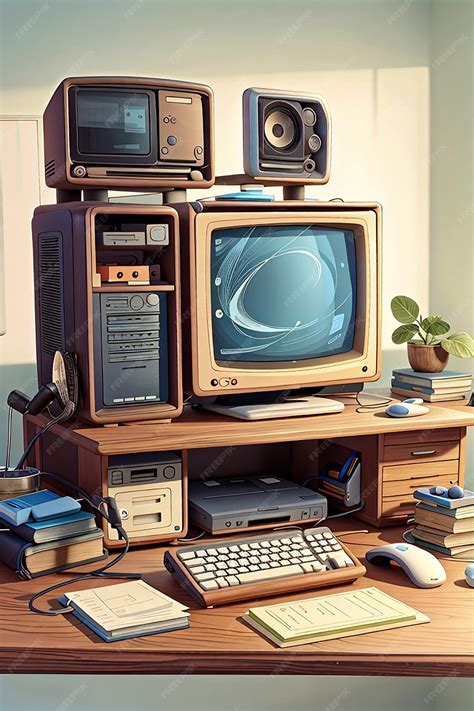 Premium Ai Image Retro Computer On Desk Arrangement