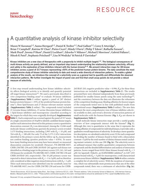 Pdf A Quantitative Analysis Of Kinase Inhibitor Selectivity Translated From Eng