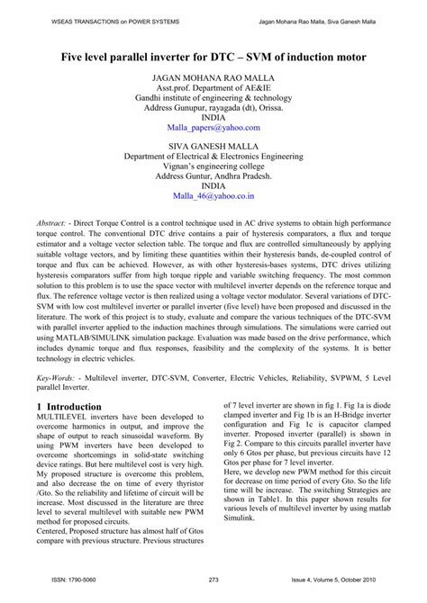 Pdf Five Level Parallel Inverter For Dtc Svm Of Induction Level