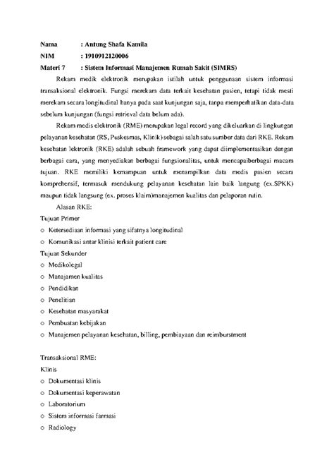 Sistem Informasi Rumah Sakit Sim Rs Lanjutan Nama Antung Shafa Kamila Nim 1910912120006