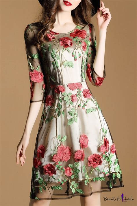 Luxurious Floral Embroidered Sheer Mesh Round Neck 3 4 Sleeve A Line