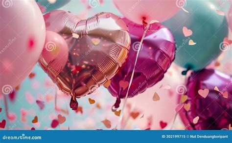 Heart Shaped Balloons And Confetti Celebration With Romantic Festivity