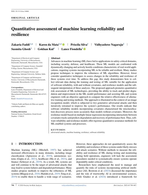 Quantitative Assessment Of Machine Learning Reliability And Resilience