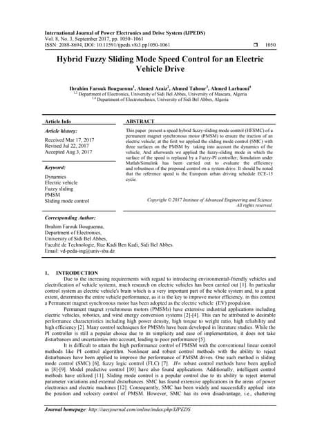 Hybrid Fuzzy Sliding Mode Speed Control For An Electric Vehicle Drive Pdf