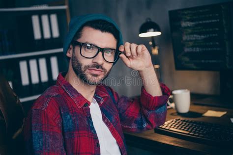 Photo Of Confident Thoughtful Programmer Wear Spectacles Coding Program