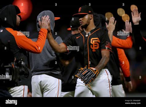San Francisco Giants Camilo Doval 75 Is Congratulated By Teammates
