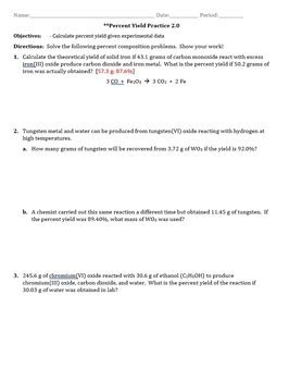 Practice Percent Yield Worksheet By The Chem Teacher TpT