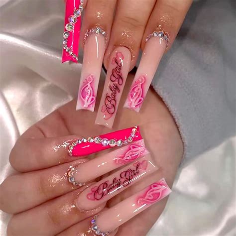 Amazon Pcs Pink Flower Press On Nail Long Fake Nail Sqaure False Nail With Rhinestone