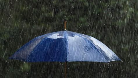 Gotas De Lluvia Cayendo Sobre Un Paraguas Azul En Un Día Lluvioso