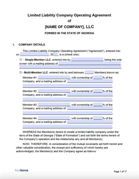 Free Georgia LLC Operating Agreement Template PDF WORD
