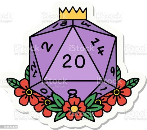 꽃 요소 스티커가있는 천연 20 D20 주사위 롤 굴리기에 대한 스톡 벡터 아트 및 기타 이미지 굴리기 꽃무늬 문신