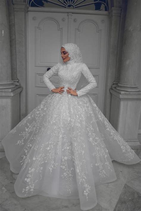 prenses kabarık kapalı gelinlik modelleri Tarz Kadın Bride dress simple Muslimah wedding
