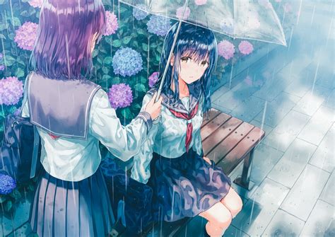 Rain Umbrella Sailor Uniform Flowers Wet Water Drops Bag Bench