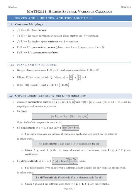 Math2111 Notes 2018 Math2111 Higher Several Variable Calculus 1 Curves And Surfaces And