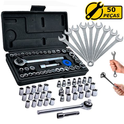 Kit Jogo De Ferramentas 50 Pcs C Chave Combinada Soquetes Faz A Boa