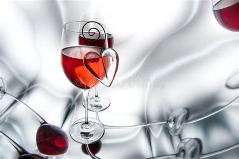 Two Glasses Of Red Wine Decorated With Hearts Stock Image Image Of
