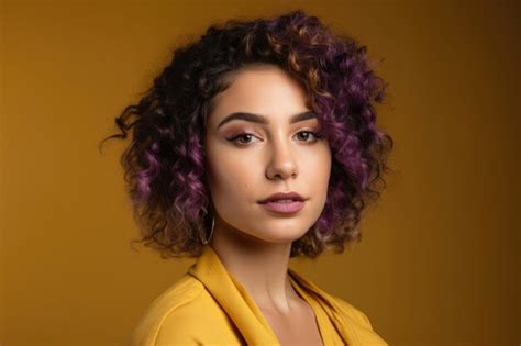 Premium Ai Image Radiant Woman With Curly Hair And Warm Brown Eyes Wearing A Bold Purple Lipstick